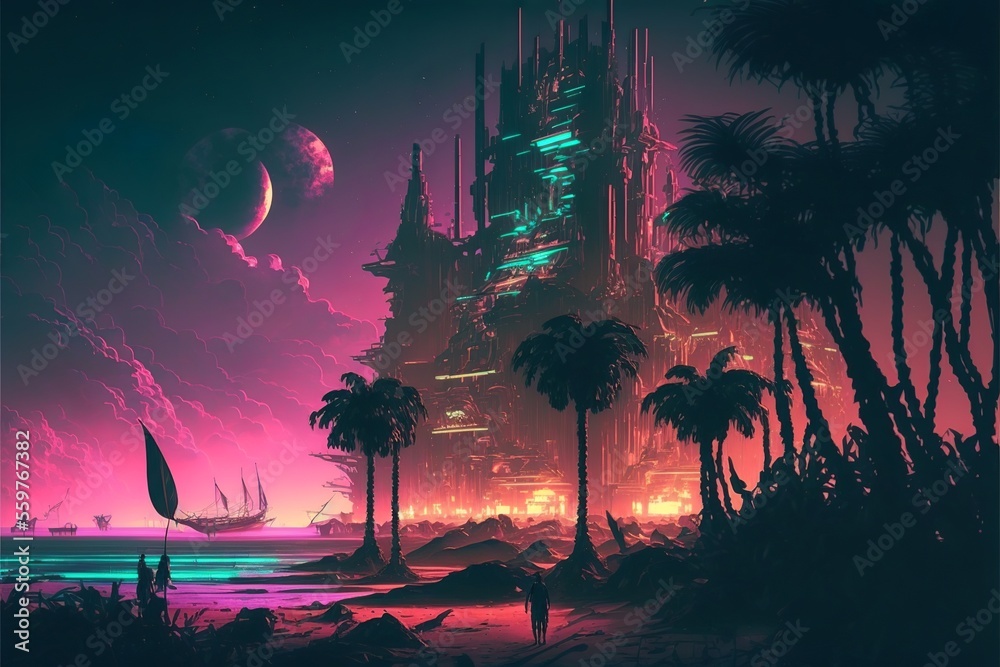 Huge ocean cruiser in cyberpunk future city megapolis on a beach with ...