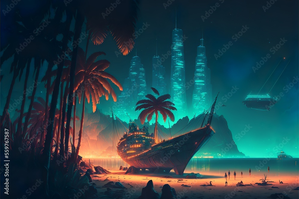 Cruisers and speedboats in a 80s alternative sci-fi beach in synthwave ...