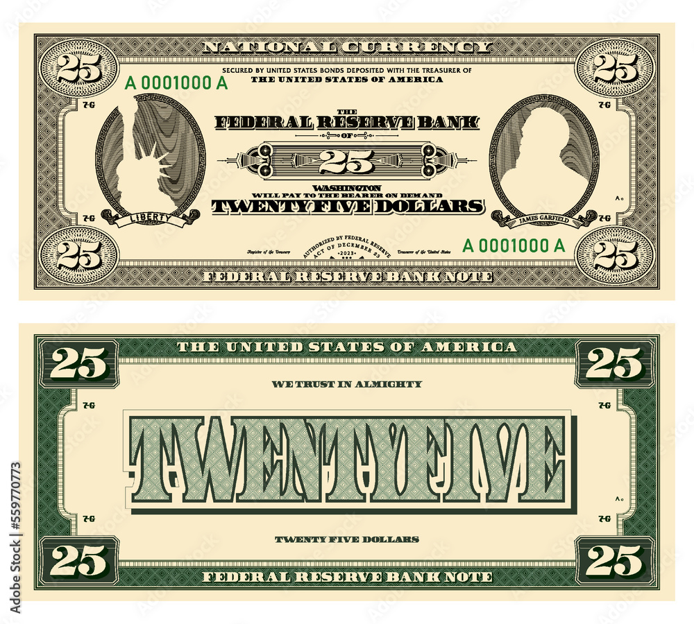 Vector new 25 dollars banknote. Obverse and reverse of US paper money ...