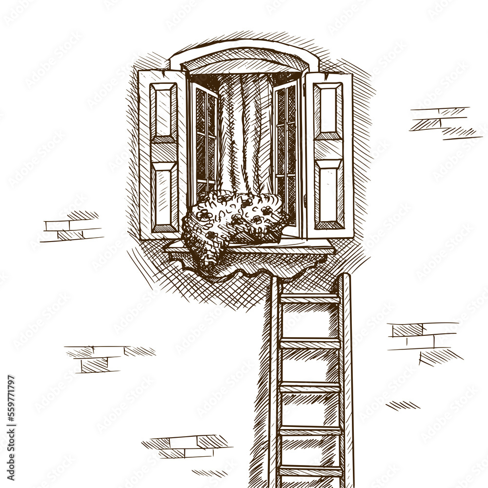 Open window and ladder hand drawn sketch PNG illustration with ...