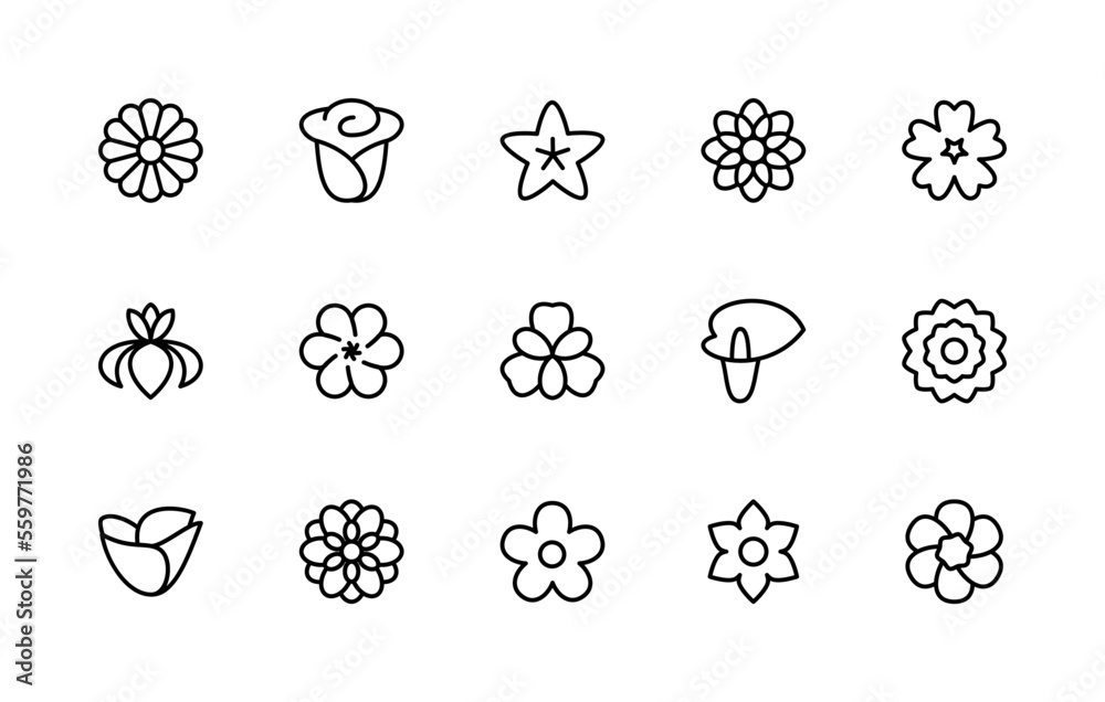 Vector set linear icons of flowers. Isolated collection of flowers on ...