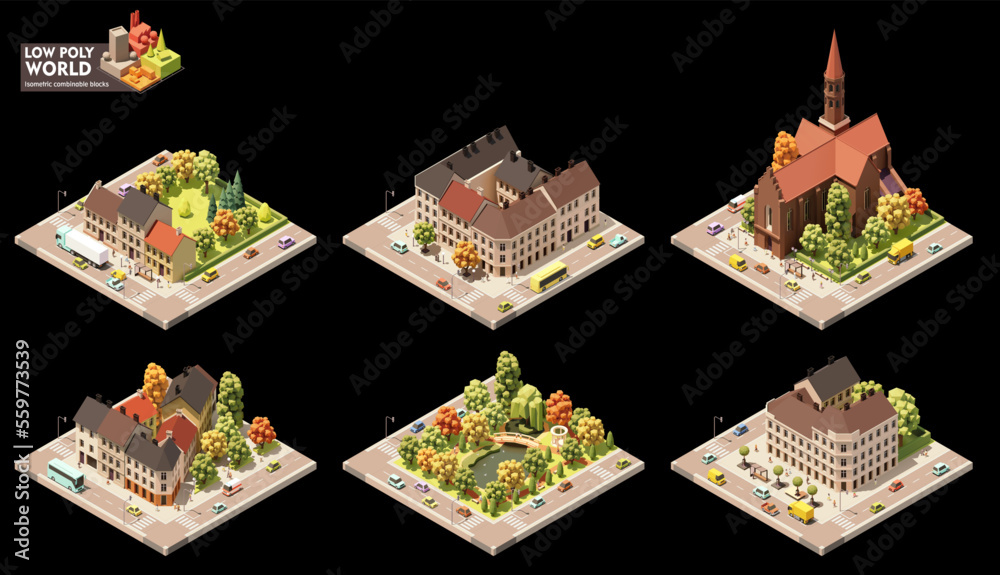 Vector isometric world map creation set. Combinable map elements. Town ...