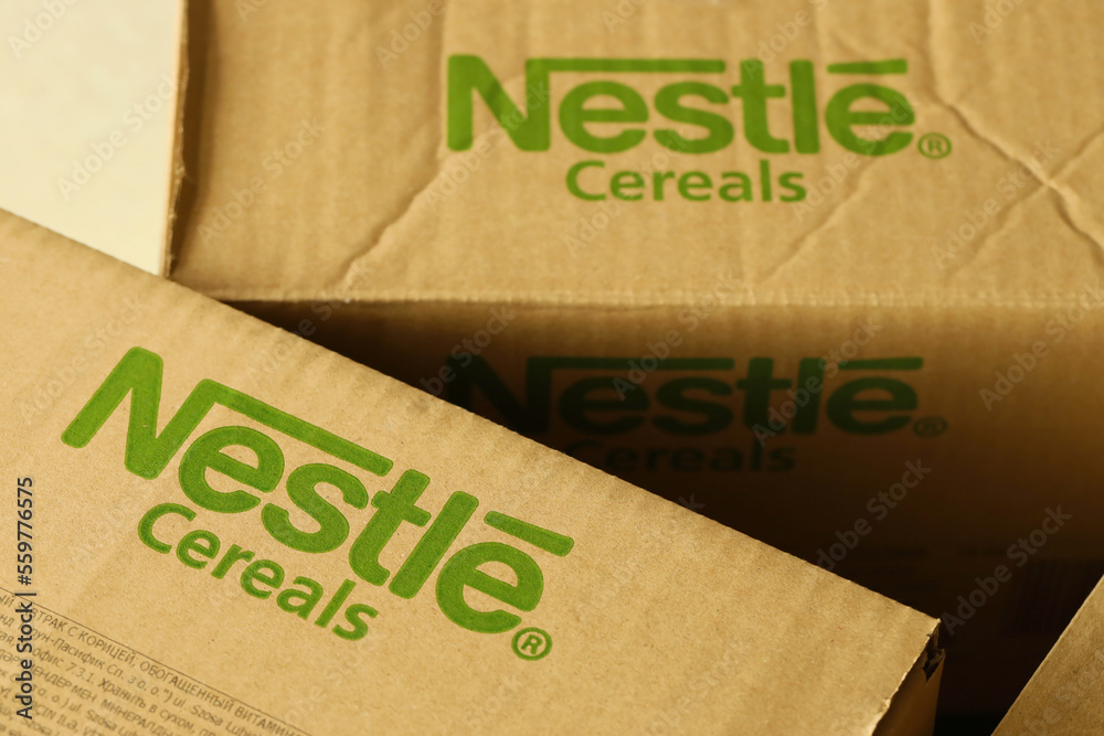 KYIV, UKRAINE - MAY 4, 2022 Big cardboard boxes with logo of Nestle ...