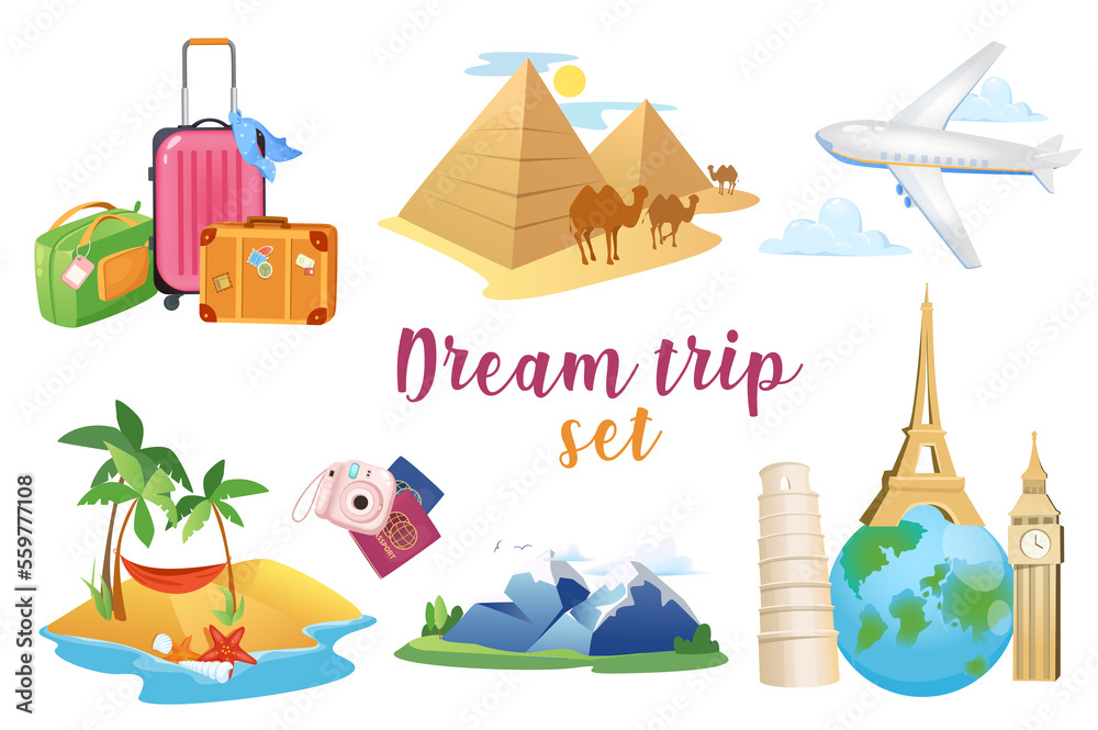 Dream trip 3d realistic set. Bundle of baggage, Egypt pyramid, airplane ...
