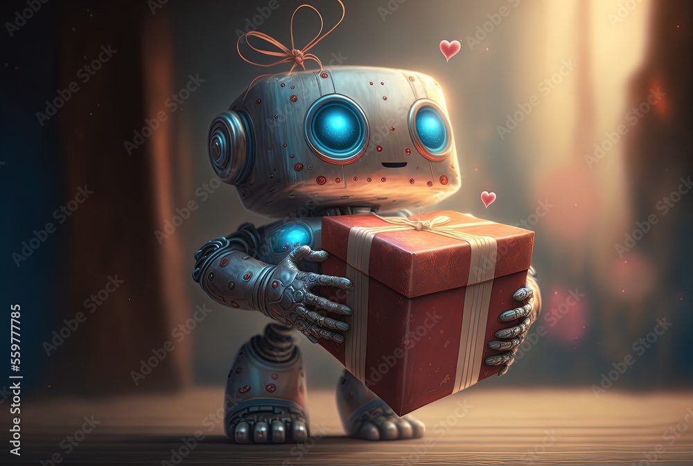 cute robot has a gift box in it hand with bokeh light background, idea ...