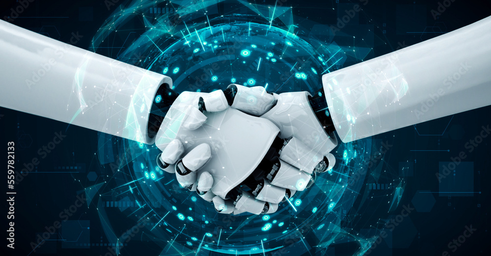 3D rendering hominoid robot handshake to collaborate future technology ...