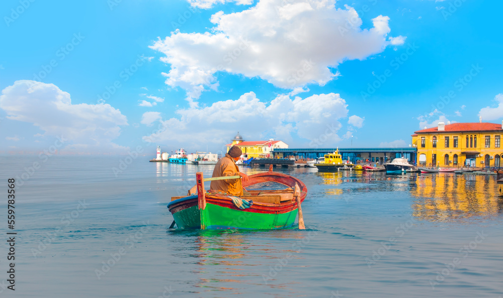 Panaromic view of Kordon city coast from Goztepe with fishing boat ...