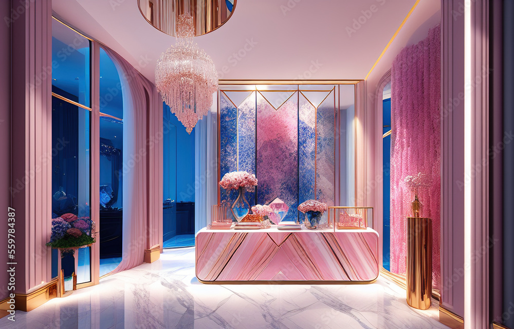 Stunning luxury store window display with pink and blue hanging ...