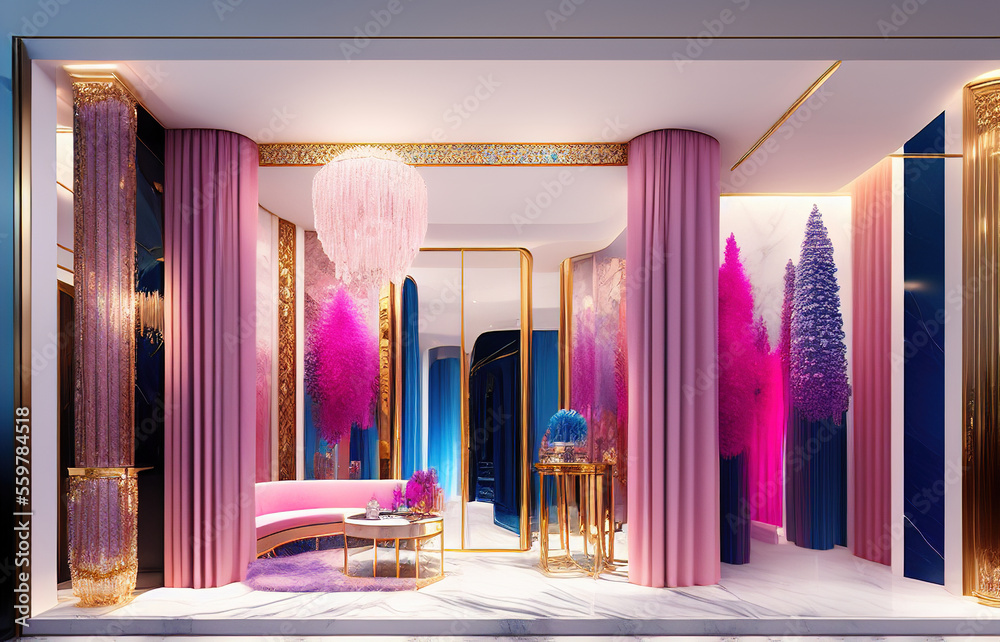 Stunning luxury store window display with pink and blue hanging ...