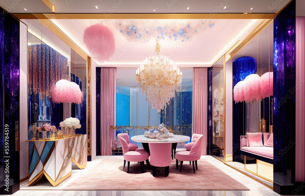 Stunning luxury store window display with pink and blue hanging ...