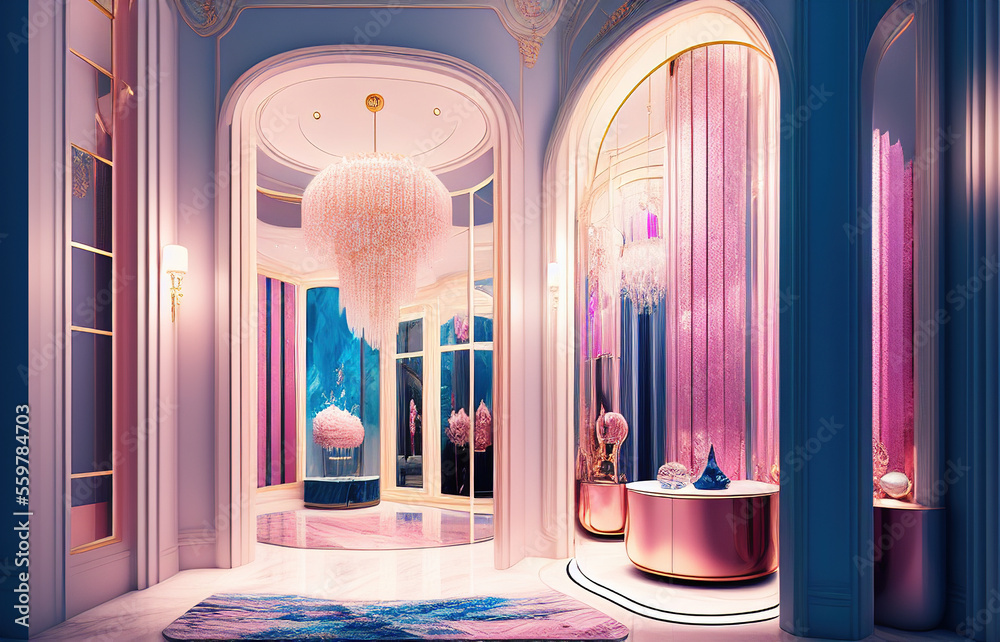 Stunning luxury store window display with pink and blue hanging ...