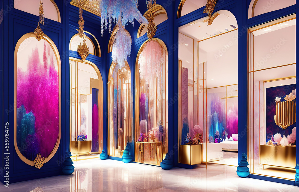 Stunning luxury store window display with pink and blue hanging ...