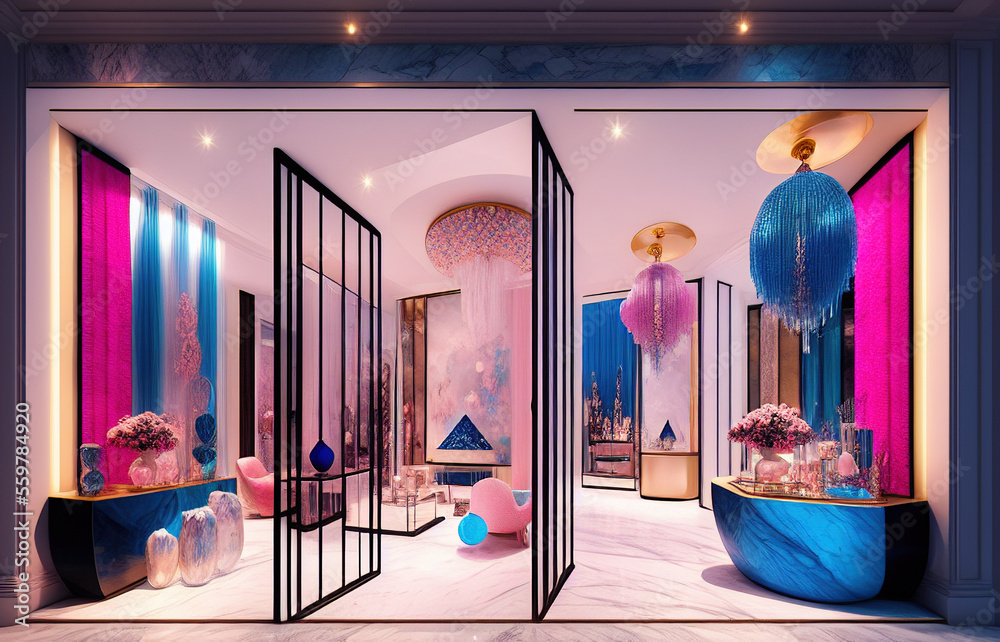 Stunning luxury store window display with pink and blue hanging ...