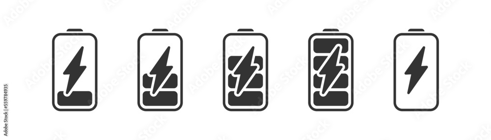 Battery icon set on white background. UI sign. Charging phases ...