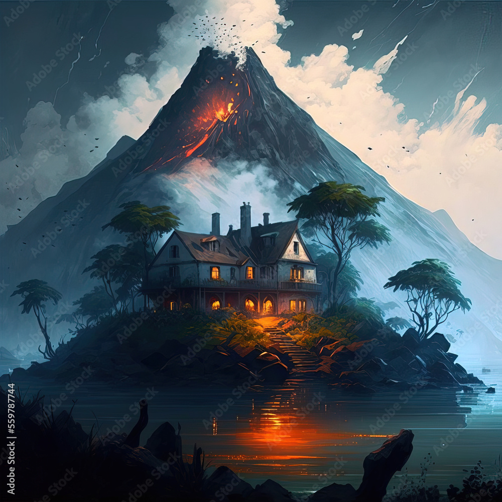 Volcano mountain, lake and island house with magma and hot fire ...