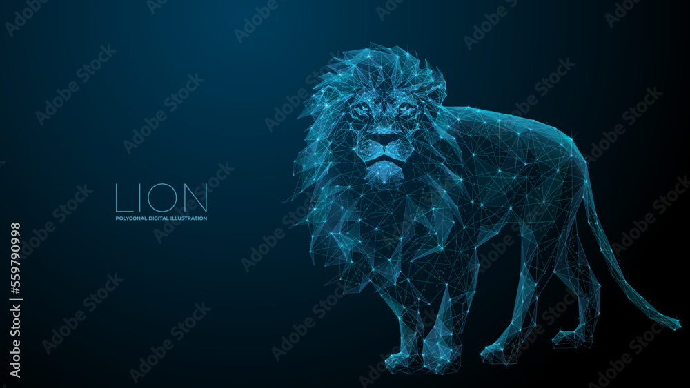 Lion. Digital polygon illustration. Isolated line and dots technology ...