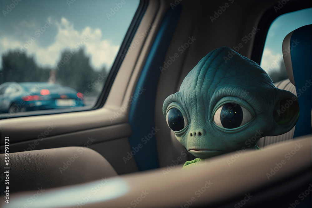 Cute alien monster sitting in the car stuck in traffic. Sad face with ...