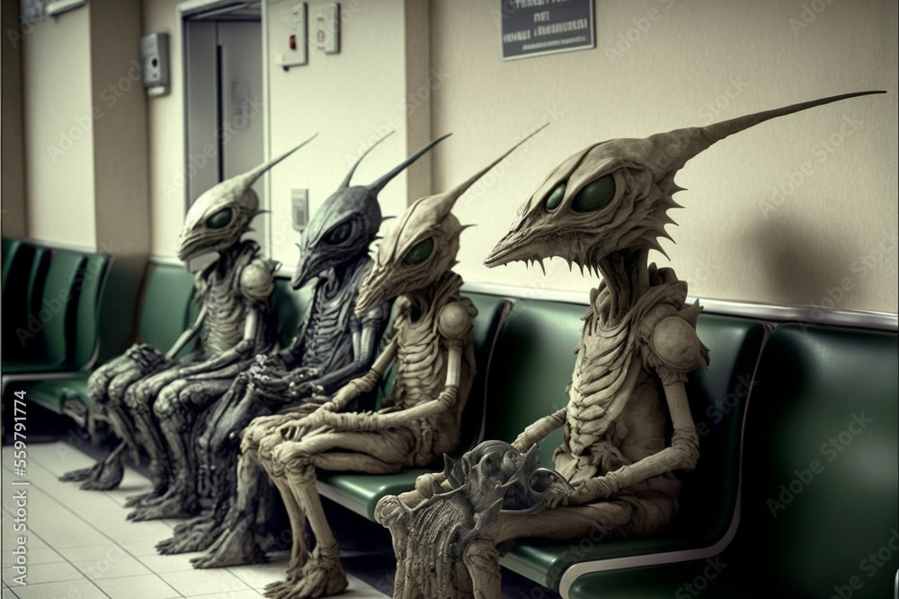 Sick alien monsters sitting in a waiting room at the hospital. Alien ...