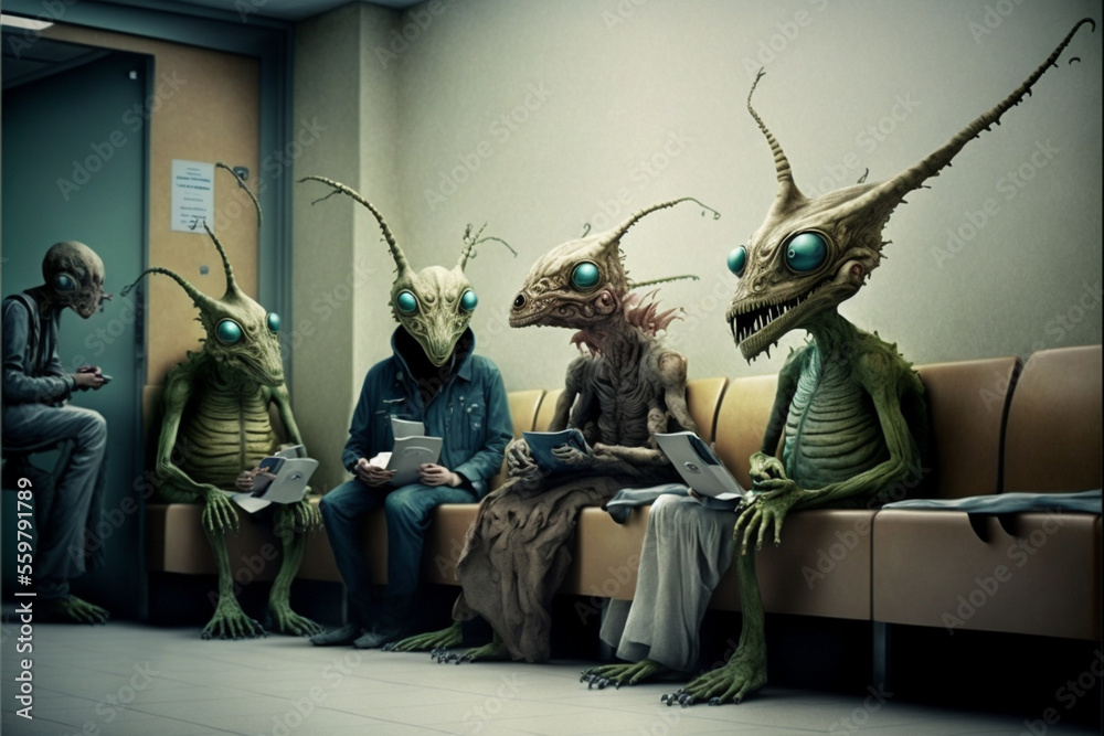 Sick alien monsters sitting in a waiting room at the hospital. Alien ...
