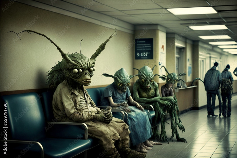Sick alien monsters sitting in a waiting room at the hospital. Alien ...