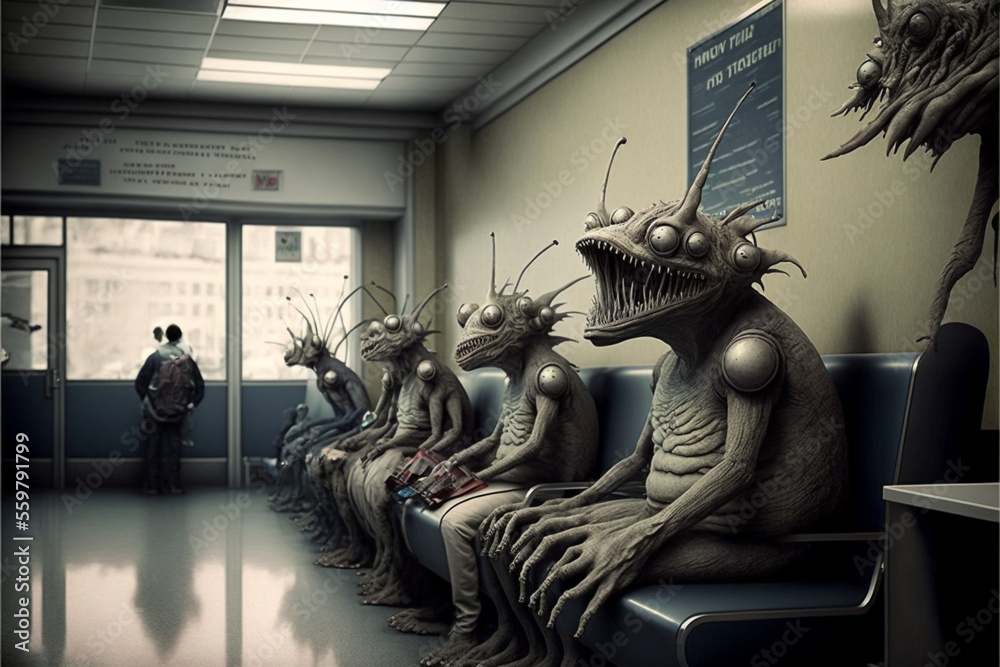 Sick alien monsters sitting in a waiting room at the hospital. Alien ...