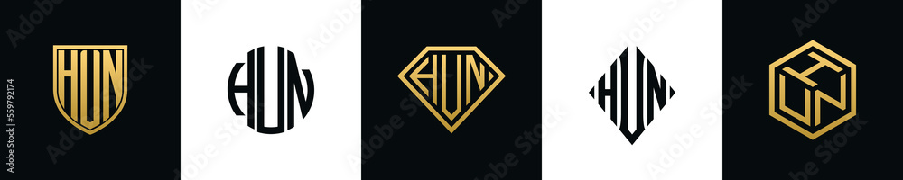 Initial letters HUN logo designs Bundle. This collection incorporated with shield, round ...