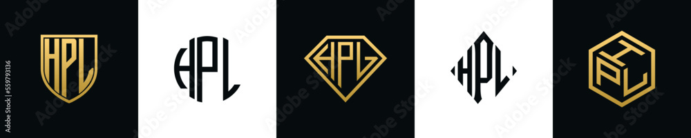 Initial letters HPL logo designs Bundle. This collection incorporated with shield, round ...