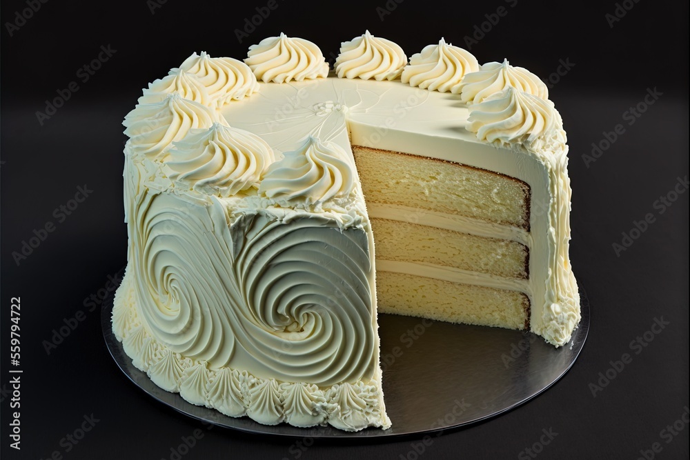 a white cake with a slice missing from it on a plate on a table with a ...