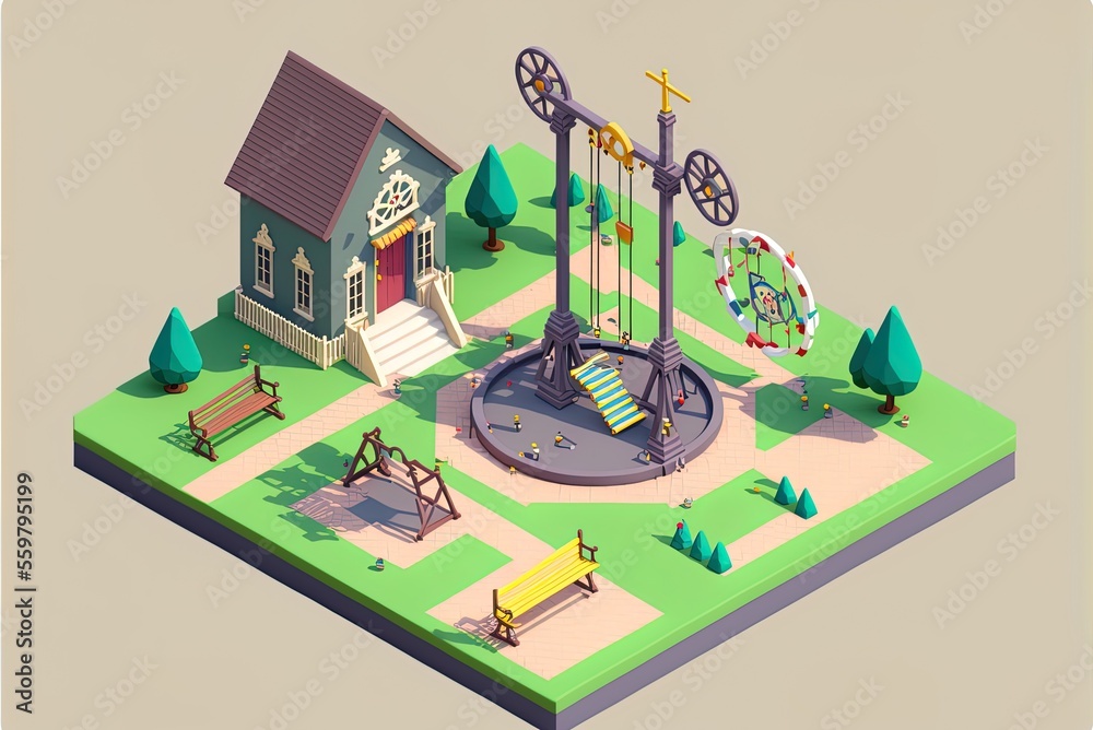 Isometric children's playground featuring carousel, swings, basketball ...