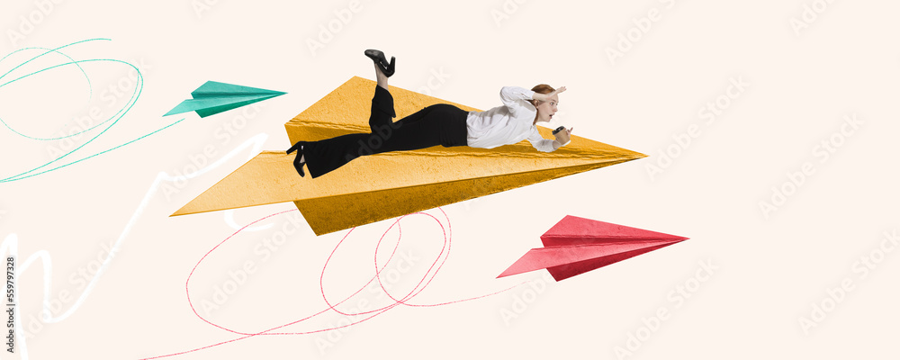 Contemporary art collage. Conceptual design. Employee flying on paper ...