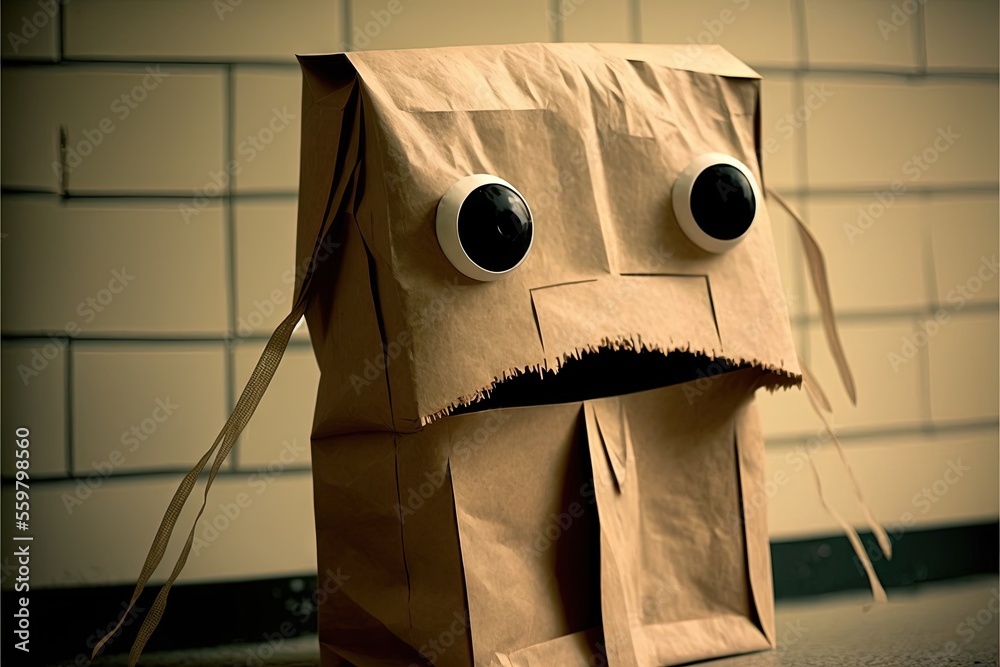 a paper bag with a face made to look like a bag with eyes and a nose on ...