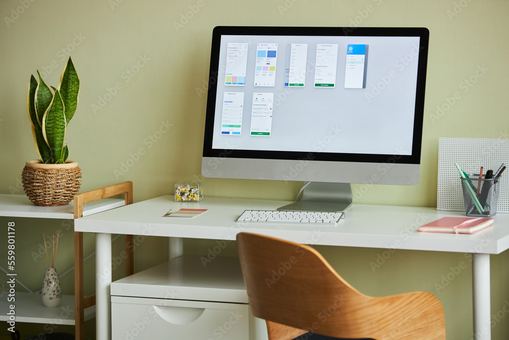 Background image of minimal home office setup with planning app on ...