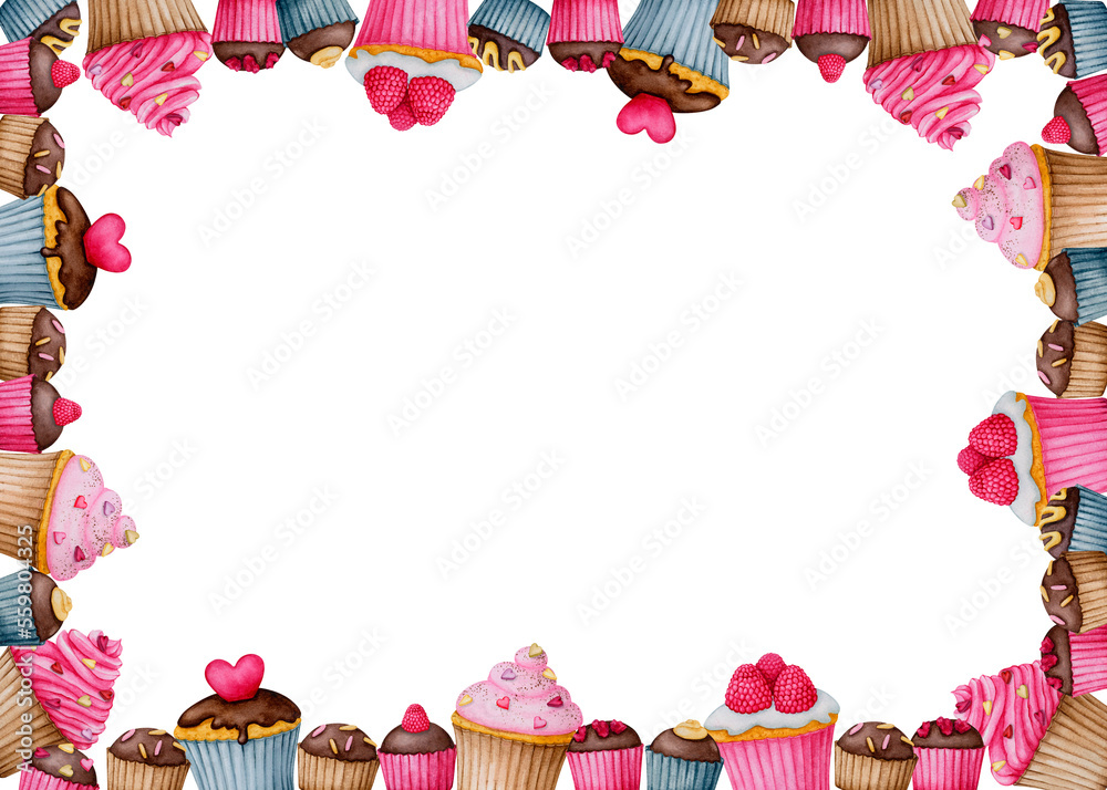 Rectangular horizontal frame of cupcakes and chocolate. Watercolor ...