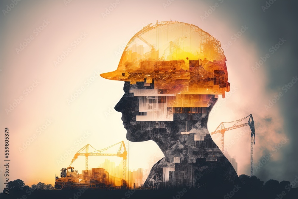 Double-exposure illustration of a futuristic construction engineering ...