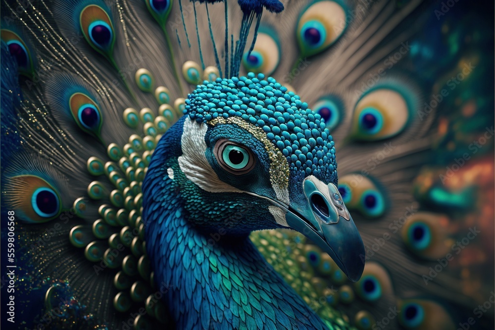 a peacock with a blue and green feathers and a black background with a ...