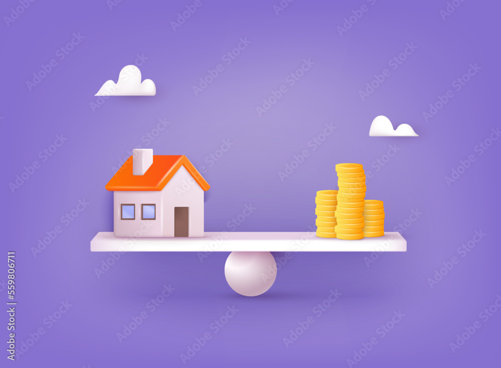 Financial home loan management concept. Coin compare house on weighing ...
