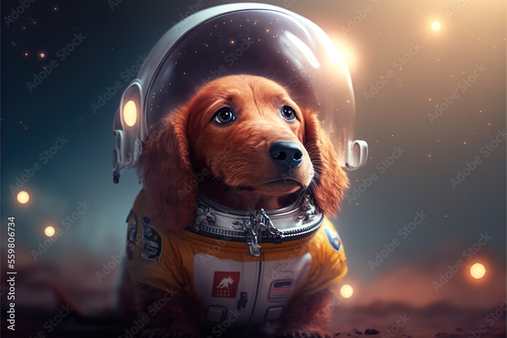 a dog wearing a space suit with a helmet on it's head and lights in the ...