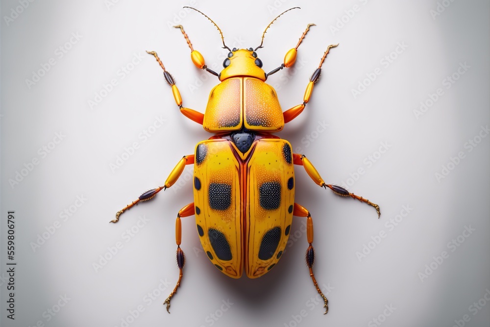 a yellow bug with black spots on it's back legs and legs, sitting on a ...
