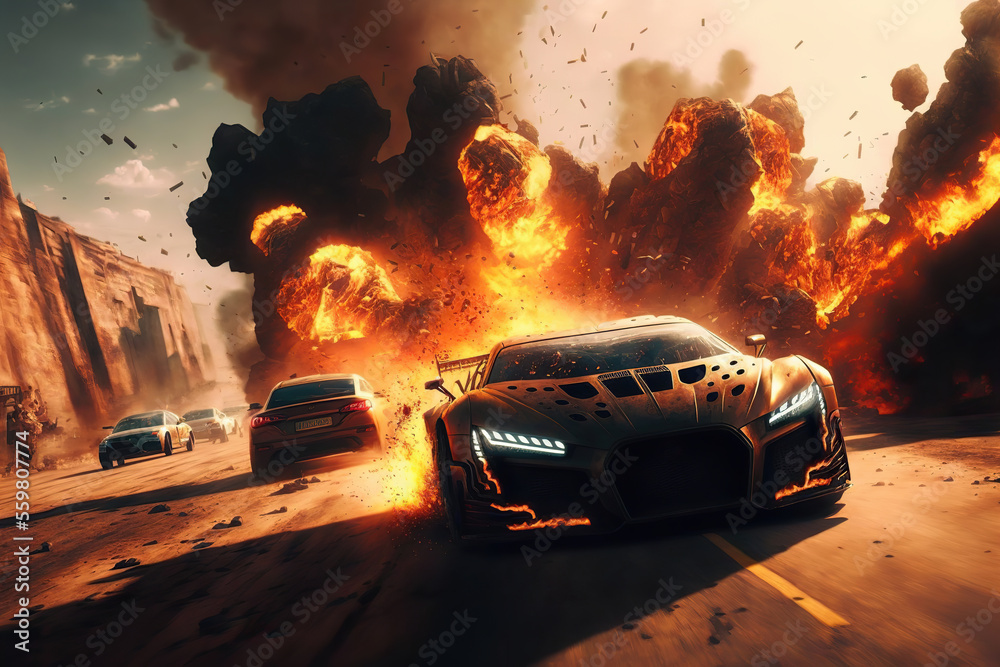 Crazy mad car chase, explosions sparks action. Sports cars are a danger ...