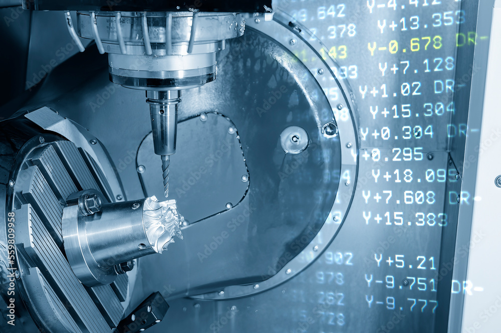 Abstract scene the 5-axis CNC milling machine and G-code data ...