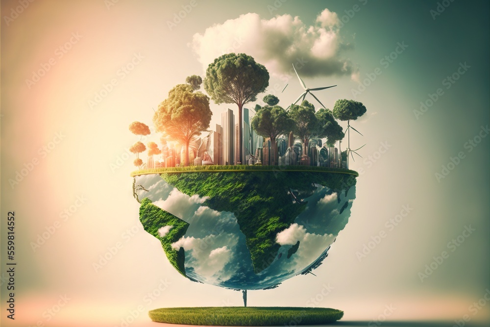 a small green planet with trees and buildings on top of it, surrounded ...