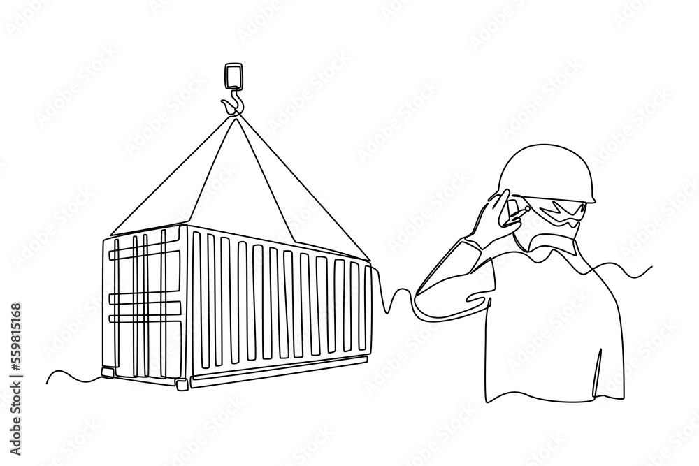 Single one line drawing boy wearing safety helmet and using walkie ...