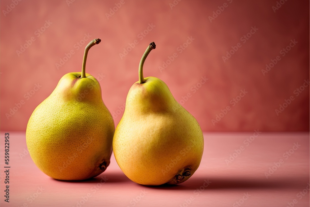 two pears sitting side by side on a pink surface with a pink background ...