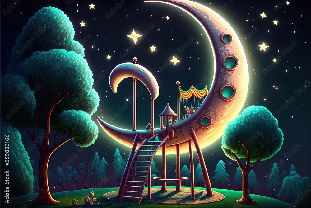 Cartoonish nighttime fireworks and a full moon above a children's ...