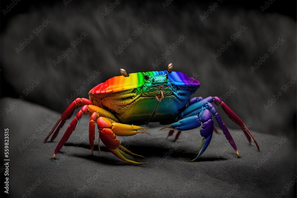 a colorful crab with a black background and a rainbow colored crab on ...