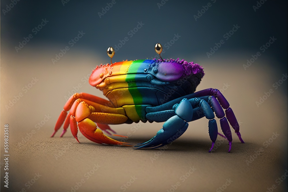a crab with a rainbow colored shell and two small crabs on its back ...