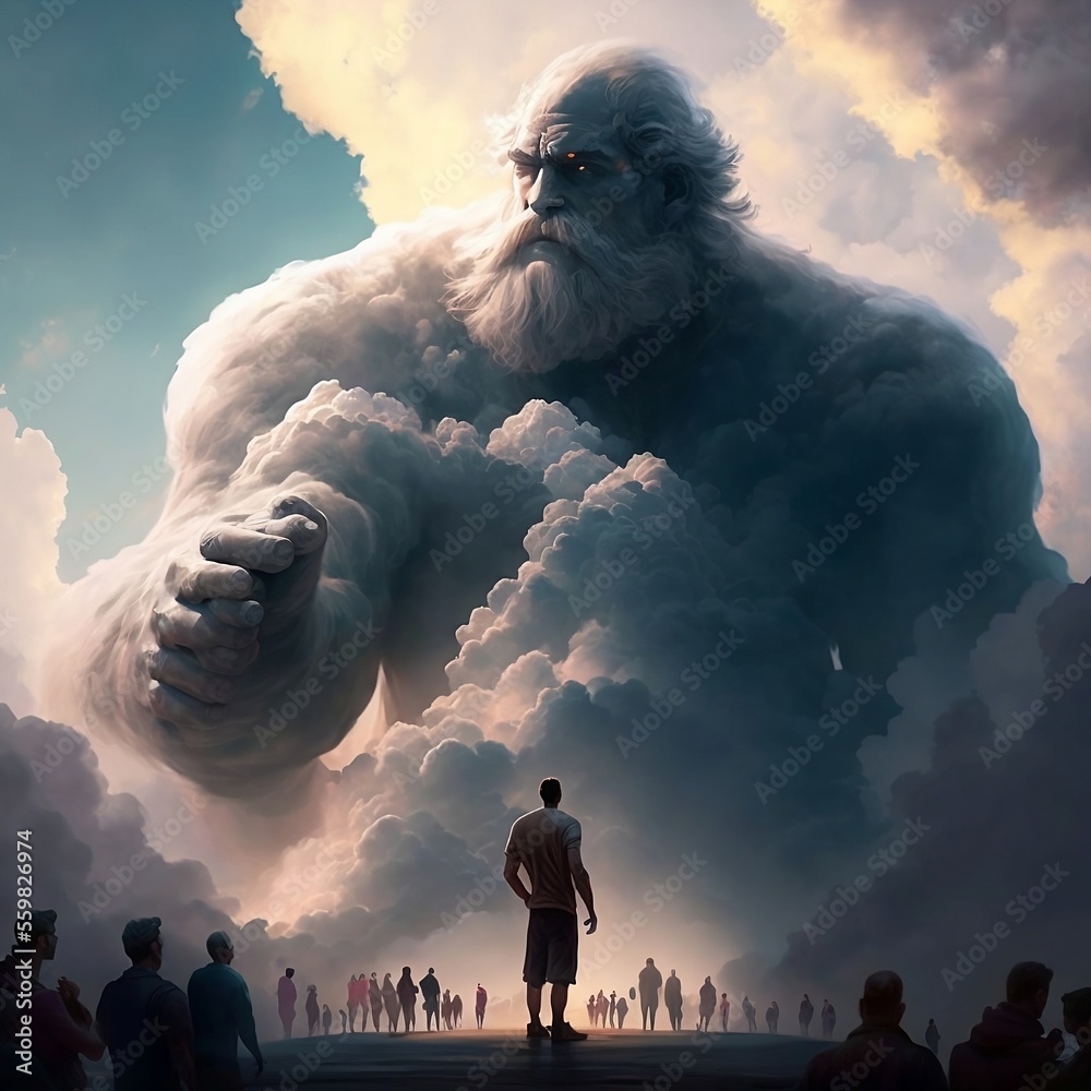 Giant God in the Sky: People Look Up in Awe - Illustration Generated by ...