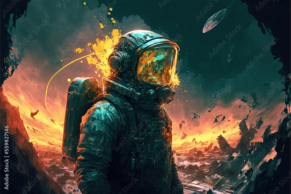 a man in a space suit standing in front of a fire and smoke background ...