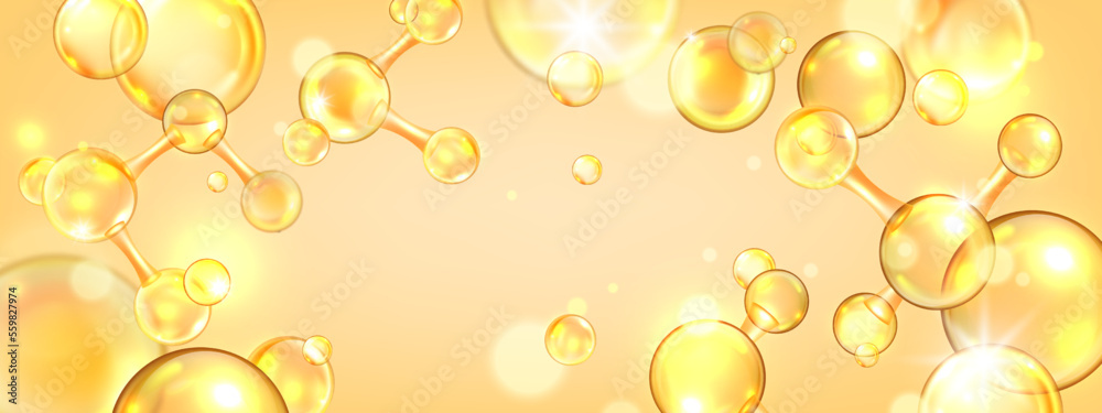 Gold collagen background, oil lab 3D peptide molecule background ...