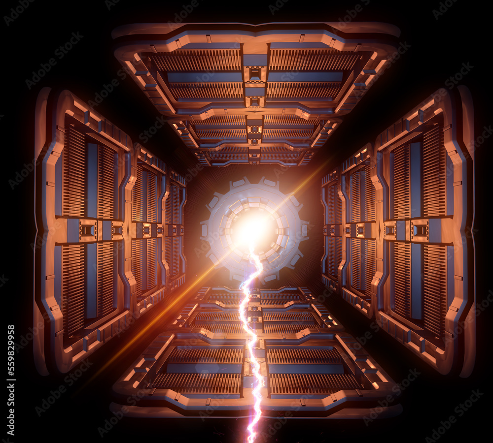 Energy beam, clean energy production. Colliding atoms. Technology in ...